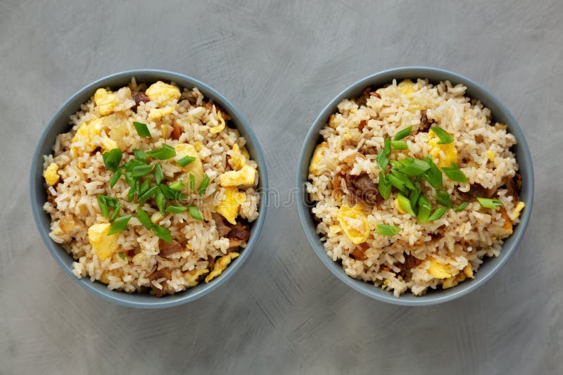Homemade Fried Rice with Bacon and Egg in a Bowl, Top View. Flat Lay ...