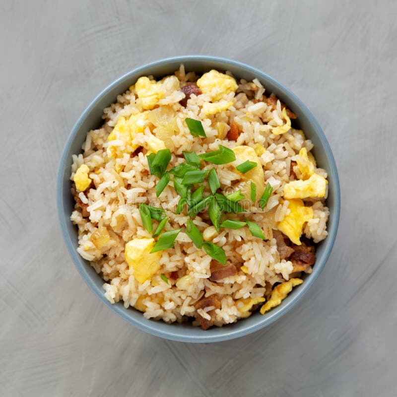 Homemade Fried Rice with Bacon and Egg in a Bowl, Top View. Flat Lay ...