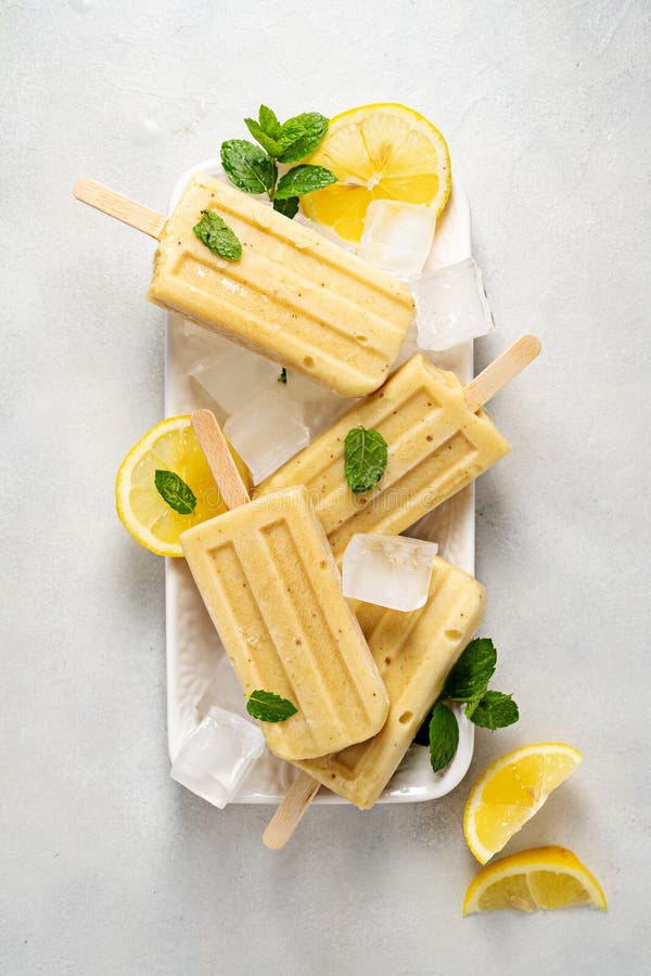 Homemade Fruit Yellow Popsicles with Mango, Banana, Lemon. Top View ...