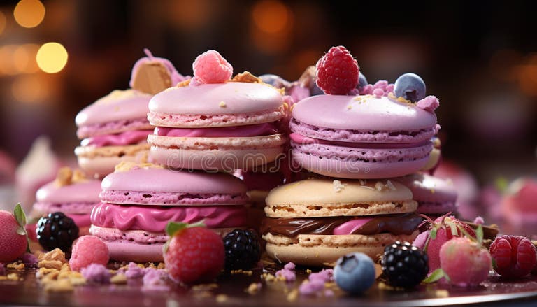 Homemade Gourmet Macaroon Stack, Fresh Raspberry Indulgence on Plate ...