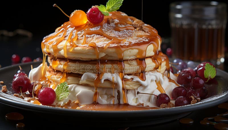 A Homemade Gourmet Pancake Stack with Fresh Berry Sauce Generated by AI ...