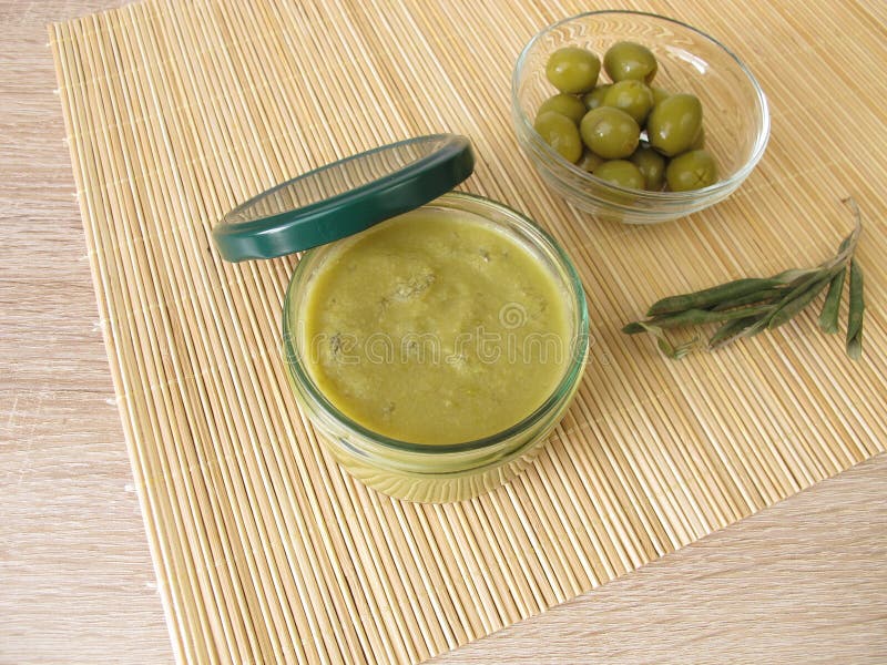 Green olive jam in jar stock photo. Image of green, spread - 119315548