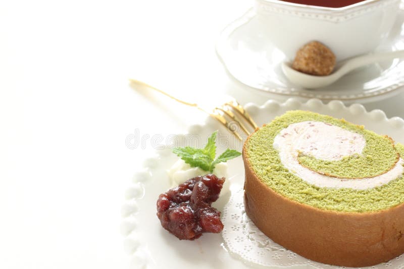 Homemade Green Tea Swiss Roll Stock Photo - Image of azuki ...