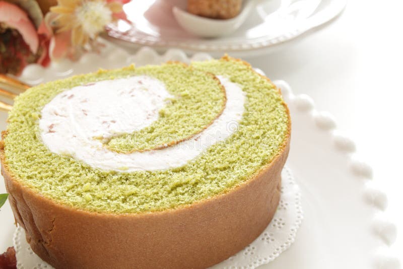Homemade Green Tea Swiss Roll Stock Photo - Image of green, space ...