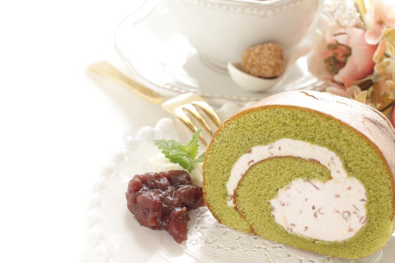 Homemade Green Tea Swiss Roll Stock Image - Image of flower, dessert ...