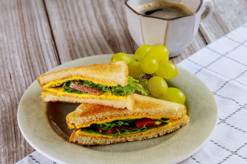 Homemade Grilled Cheese Sandwich, Grape and Coffee for Breakfast Stock ...