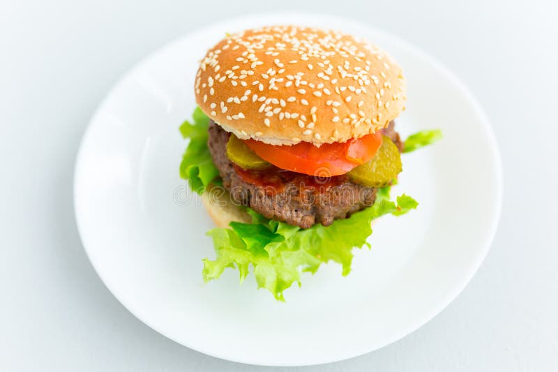 Homemade Hamburger Cuted by Knife on the Plate Stock Image - Image of ...