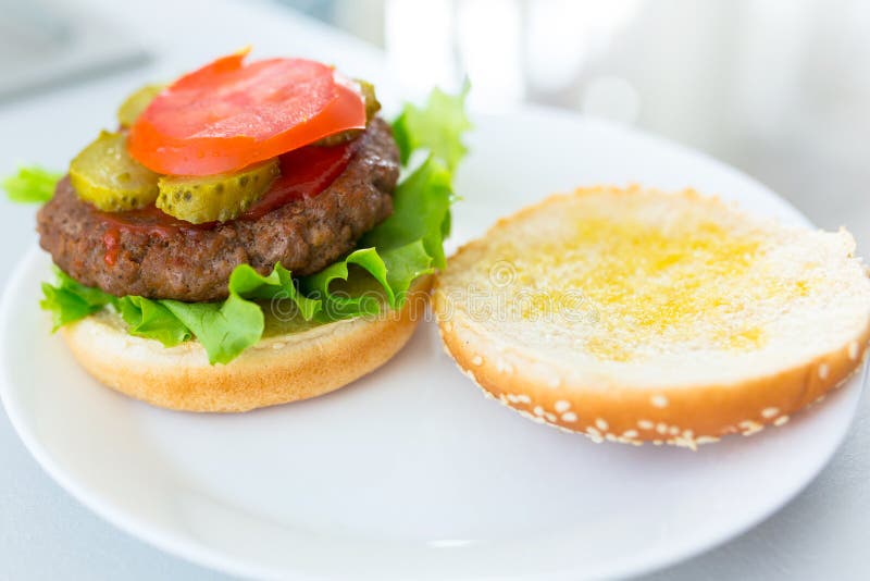 Homemade Hamburger on the Plate Stock Image - Image of tomato ...