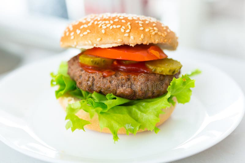 Homemade Hamburger Cuted by Knife on the Plate Stock Image - Image of ...