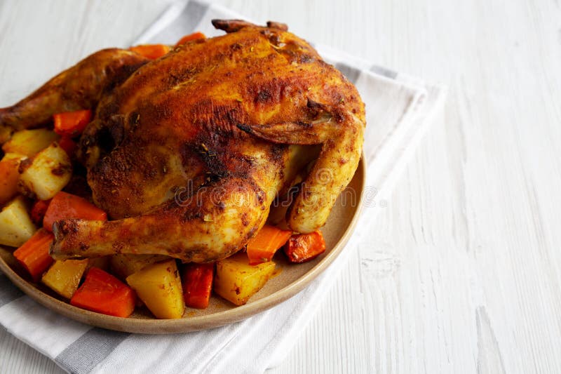 Homemade Hearty Roasted Chicken on a Plate, Side View. Space for Text ...