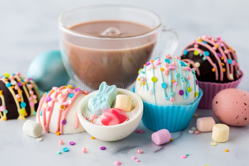 Homemade Hot Chocolate Bombs Decorated for Easter, Served with Hot ...