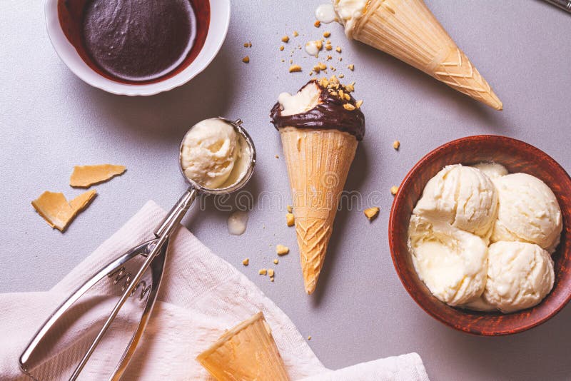 Homemade Ice Cream and Chocolate with Nuts in the Cooking Process, Top ... Homemade Ice Cream and Chocolate with Nuts in the Cooking Process, Top ...