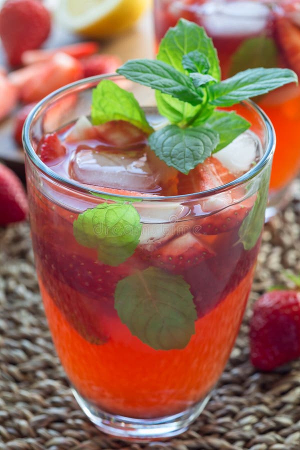 Homemade Iced Tea with Strawberries and Mint, Vertical Closeup Stock ...