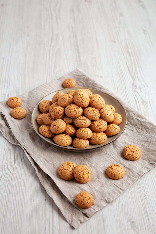 Homemade Italian Amaretti Cookie Biscuits on a Plate, Side View Stock ...