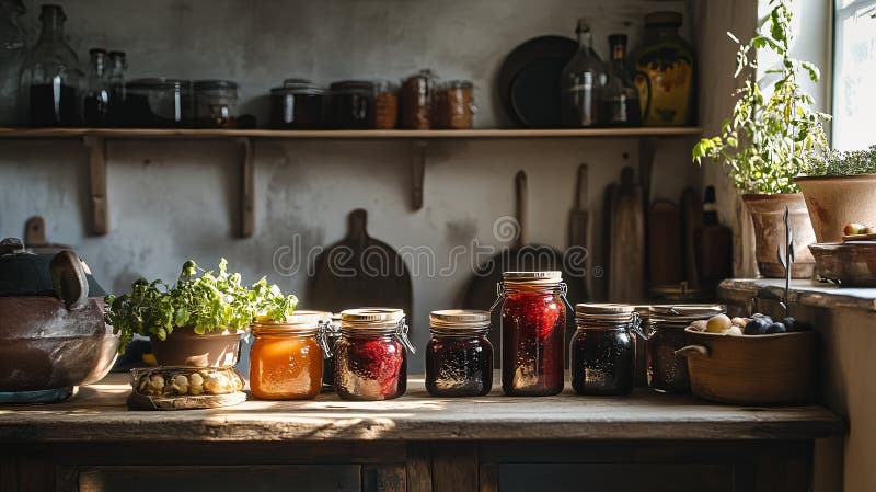 Homemade Jam Jars Arranged on a Rustic Kitchen Counter. Stock Image ...