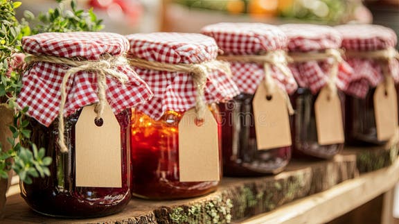 Homemade Jam Jars with Gingham Covers and Tags. Stock Photo - Image of ...