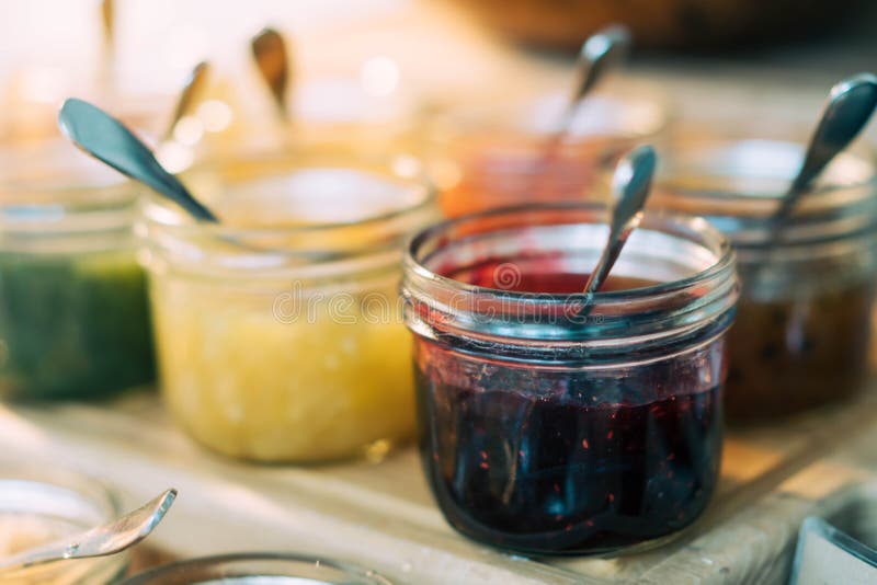 Homemade Jars of Variety Fruits Jam on the Table Stock Photo - Image of ...