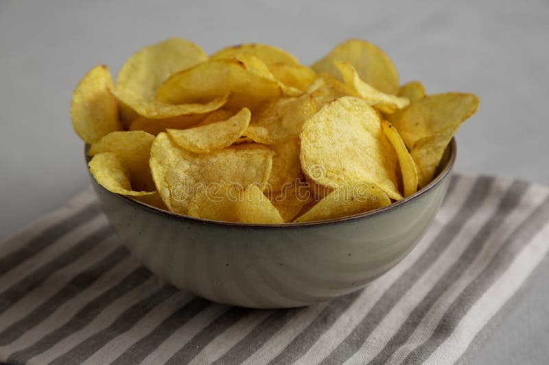 Homemade Kettle Cooked Potato Chips with Salt in a Bowl, Side View ...