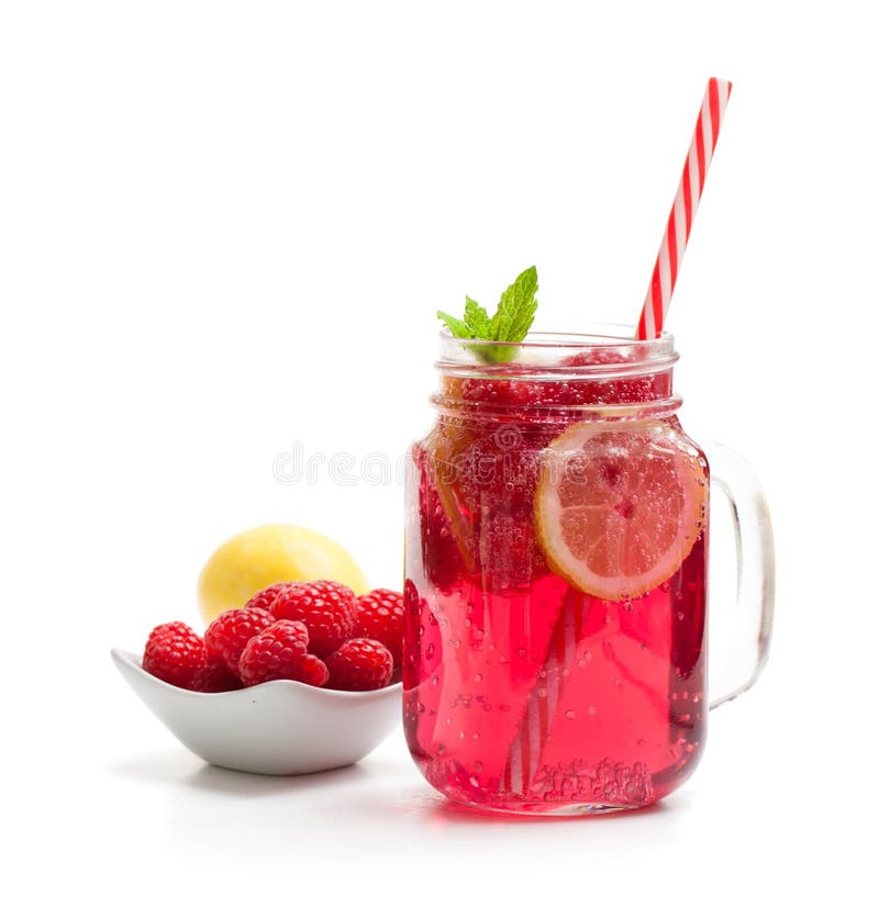 Homemade Lemonade with Raspberry and Lemon Isolated on White Stock ...