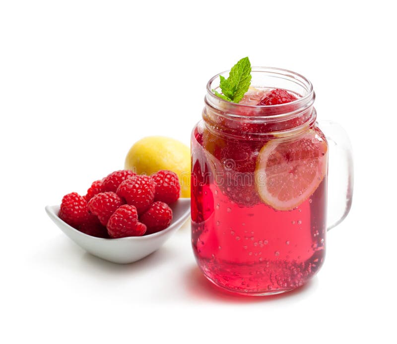 Homemade Lemonade with Raspberry and Lemon Isolated on White Stock ...