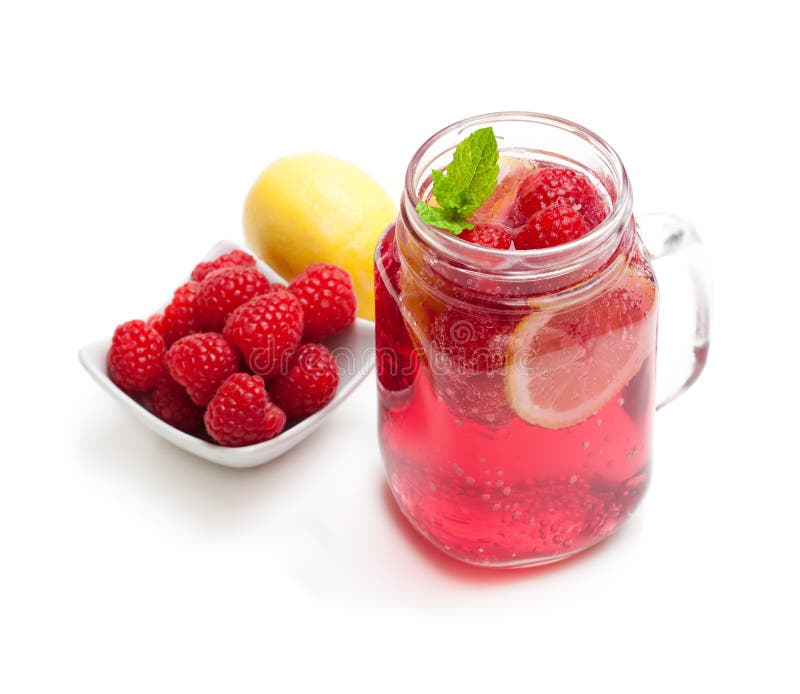 Homemade Lemonade with Raspberry and Lemon Isolated on White Stock ...