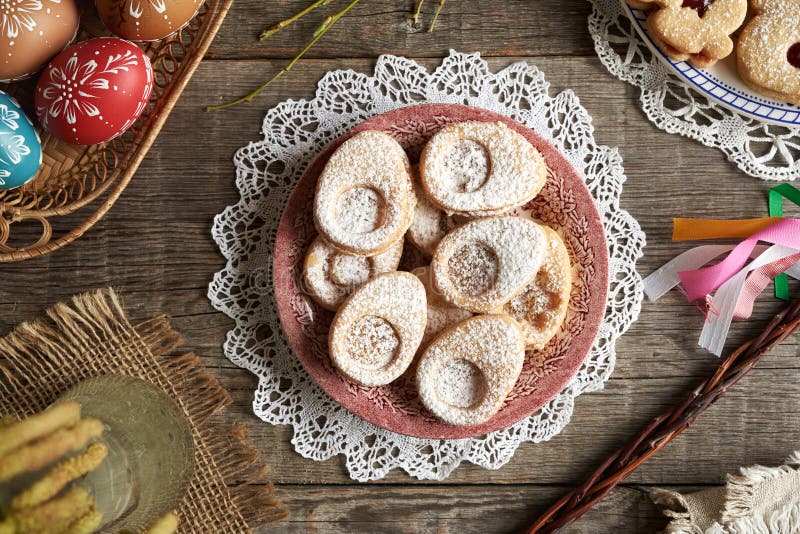 Homemade Linzer Cookies in the Shape of Easter Eggs, Top View Stock ...