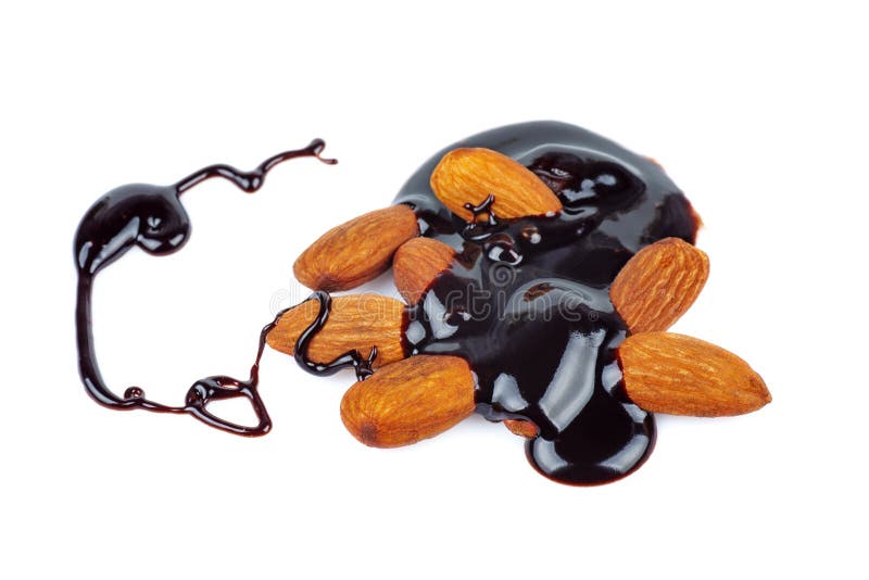 Homemade Liquid Dark Chocolate and Almonds Isolated on White Stock ...