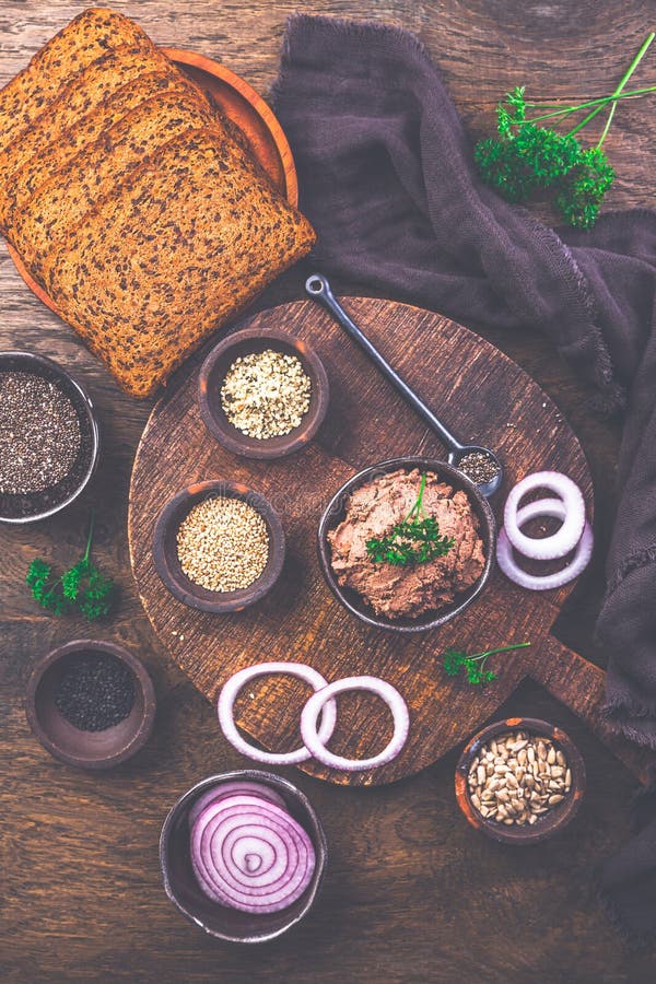 Homemade Liver Pate with Wholewheat Bread, Onions and Herbs Stock Image ...