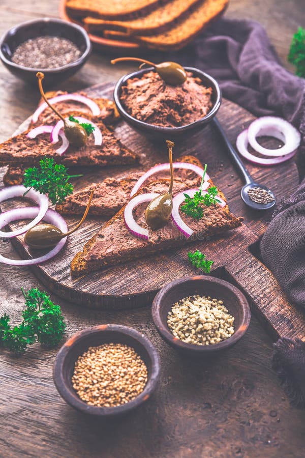 Homemade Liver Pate with Wholewheat Bread, Onions and Herbs Stock Image ...