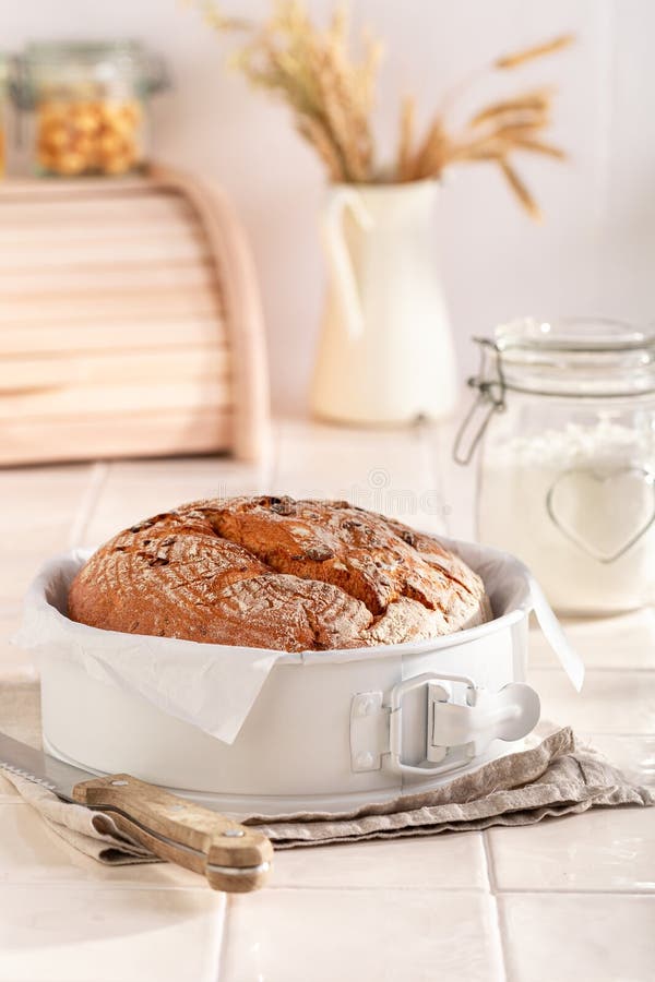 Homemade Loaf of Round Bread with Grain and Ears Stock Photo - Image of ...
