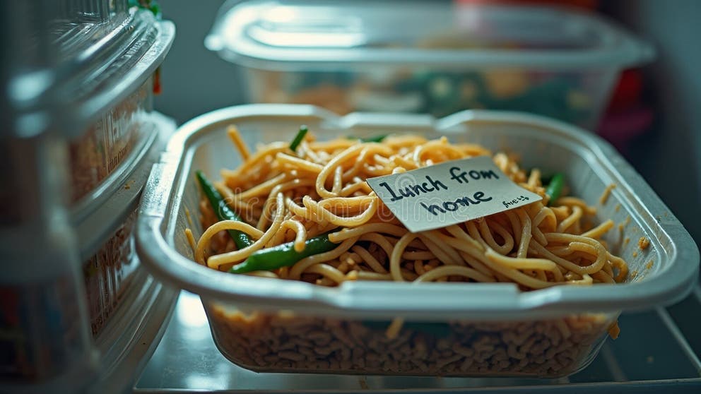 Homemade Lunch Box with Noodles and Vegetables in a Clear Container ...
