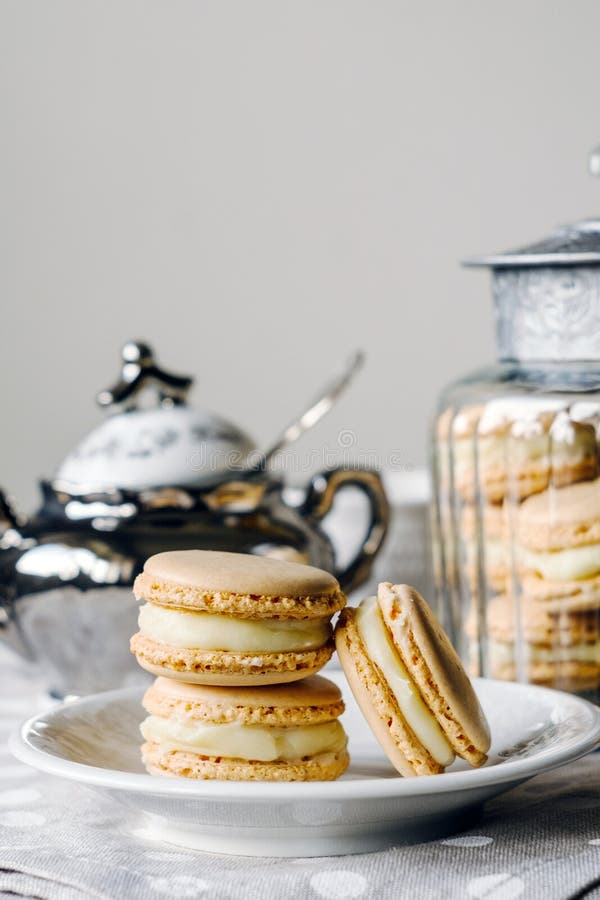 Homemade Macarons Pastries with Custard on the Table Stock Image ...