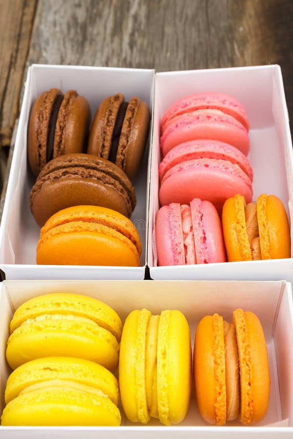 Homemade Macaroons in a White Box. on Wooden Background. Stock Photo ...