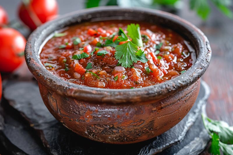 Homemade Mexican Salsa in Brown Bowl on Table Stock Illustration ...