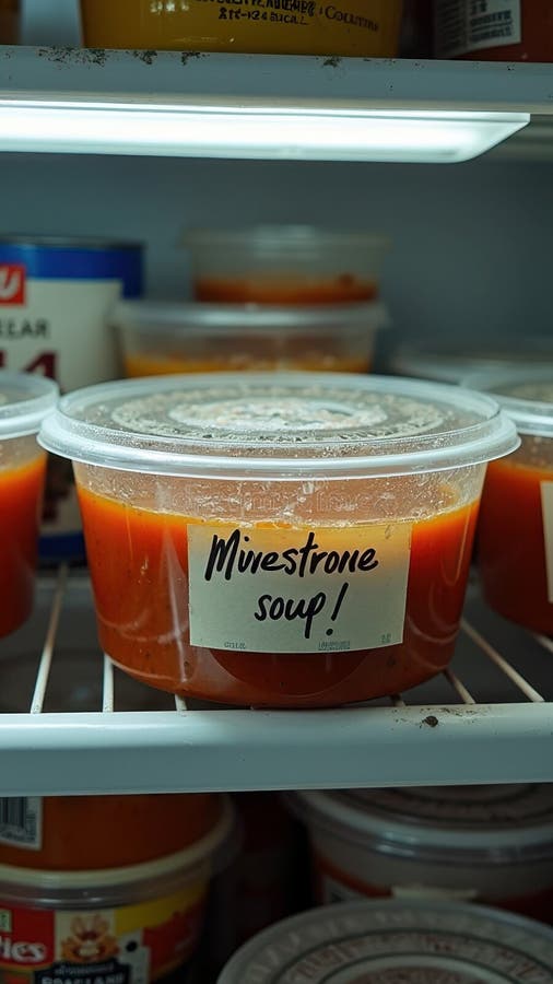 Homemade Minestrone Soup in Container Inside Refrigerator Stock Photo ...