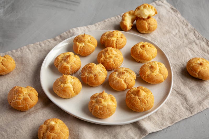 Homemade Mini Cream Puffs on a Plate, Side View Stock Image - Image of ...
