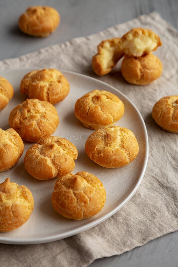 Homemade Mini Cream Puffs on a Plate, Side View Stock Photo - Image of ...