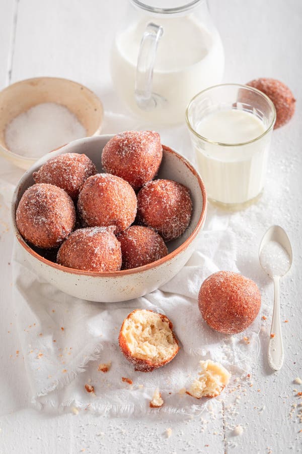 Homemade Mini Doughnuts with Caster Sugar and Milk Stock Image - Image ...