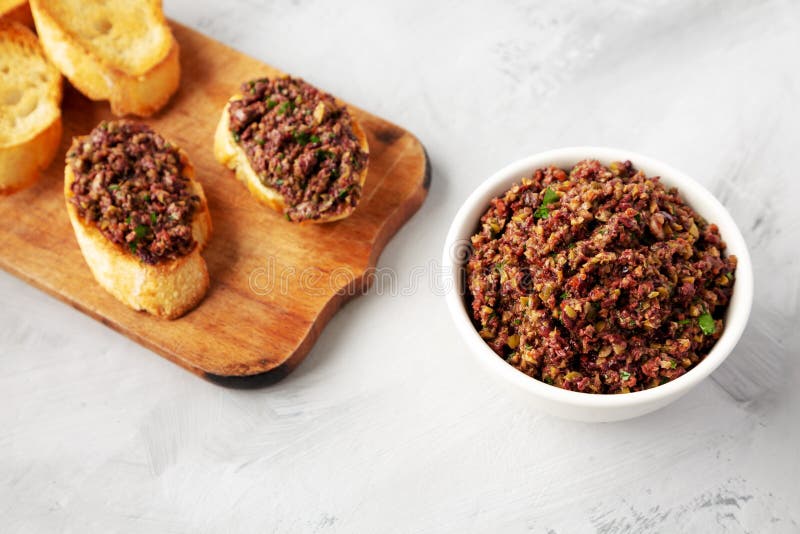 Homemade Mixed Olive Tapenade in a Bowl, Low Angle View Stock Image ...