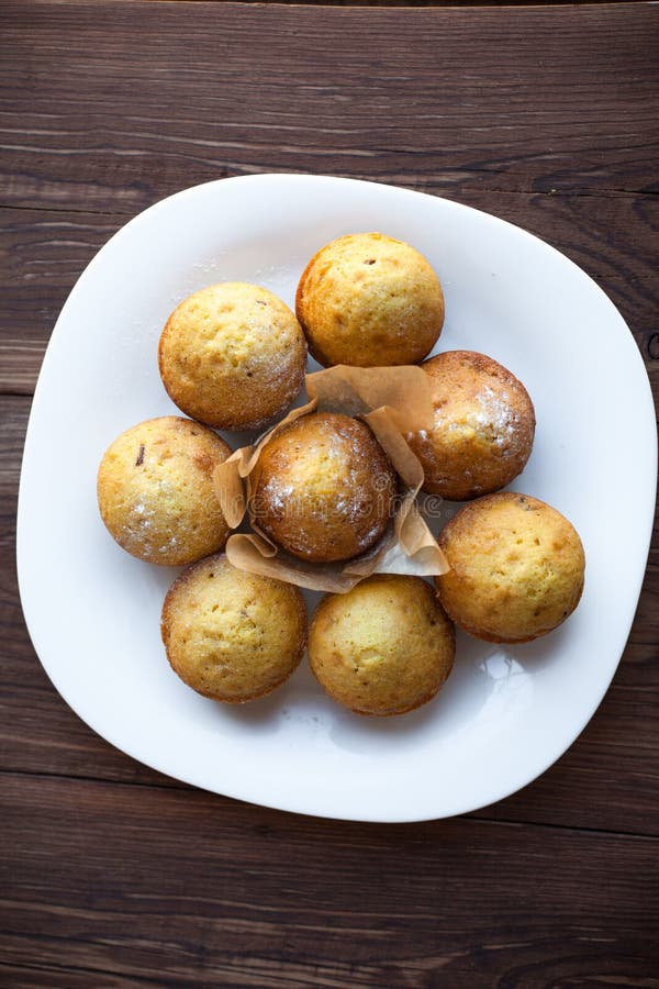 Homemade Muffins in Plate on Wood Table Stock Image - Image of plate ...