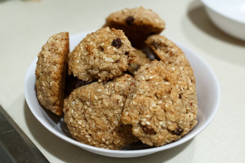 Homemade Oatmeal Cookies in White Bowl Stock Photo - Image of christmas ...