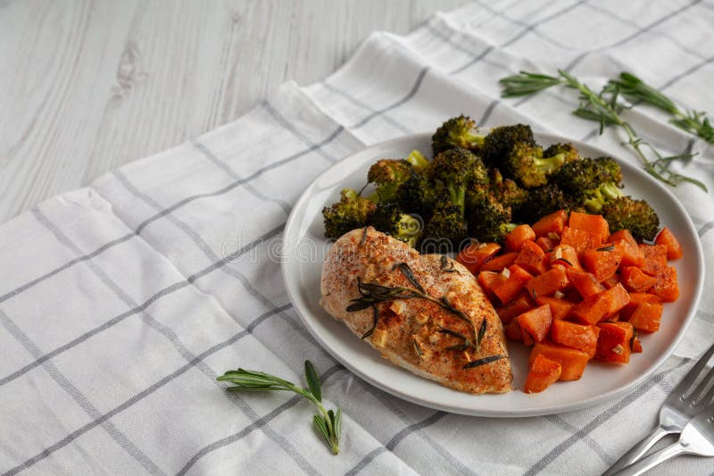 Homemade One Pan Chicken and Veggies on a Plate, Side View. Copy Space ...