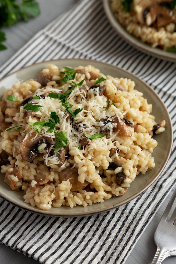 Homemade One-Pot Bacon and Mushroom Risotto on a Plate, Side View Stock ...