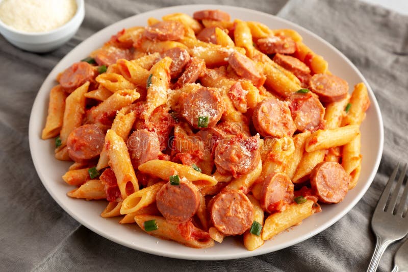 Homemade One-Pot Hot Dog Pasta on a Plate, Side View Stock Photo ...