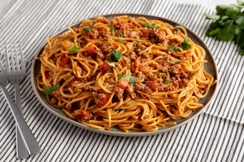 Homemade One-Pot Taco Spaghetti on a Plate, Side View Stock Image ...
