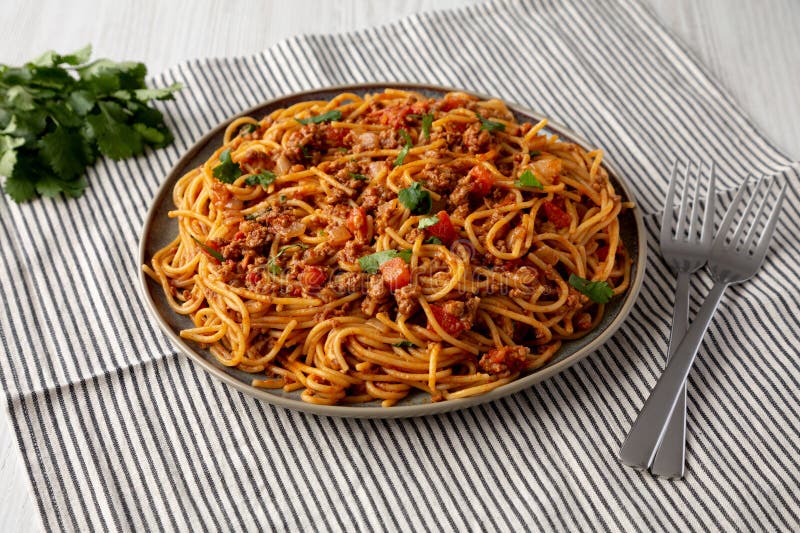 Homemade One-Pot Taco Spaghetti on a Plate, Side View Stock Image ...