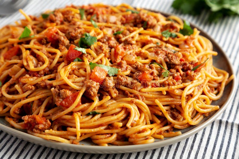 Homemade One-Pot Taco Spaghetti on a Plate, Side View Stock Photo ...