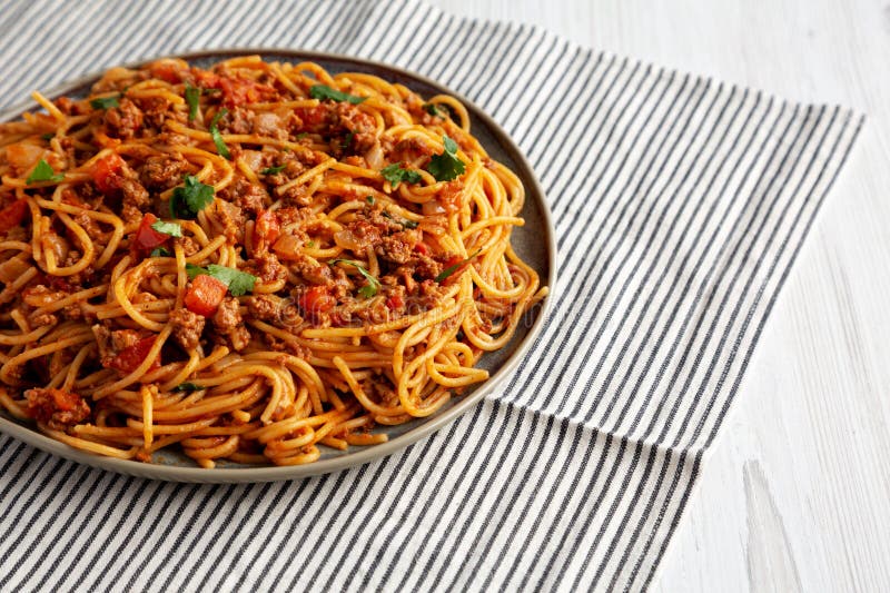 Homemade One-Pot Taco Spaghetti on a Plate, Side View. Copy Space Stock ...