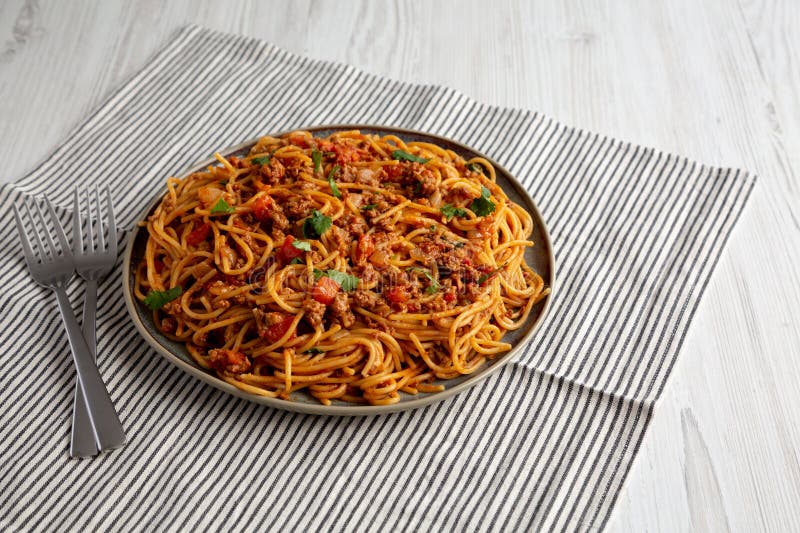 Homemade One-Pot Taco Spaghetti on a Plate, Side View. Space for Text ...