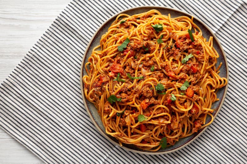Homemade One-Pot Taco Spaghetti on a Plate, Top View. Copy Space Stock ...